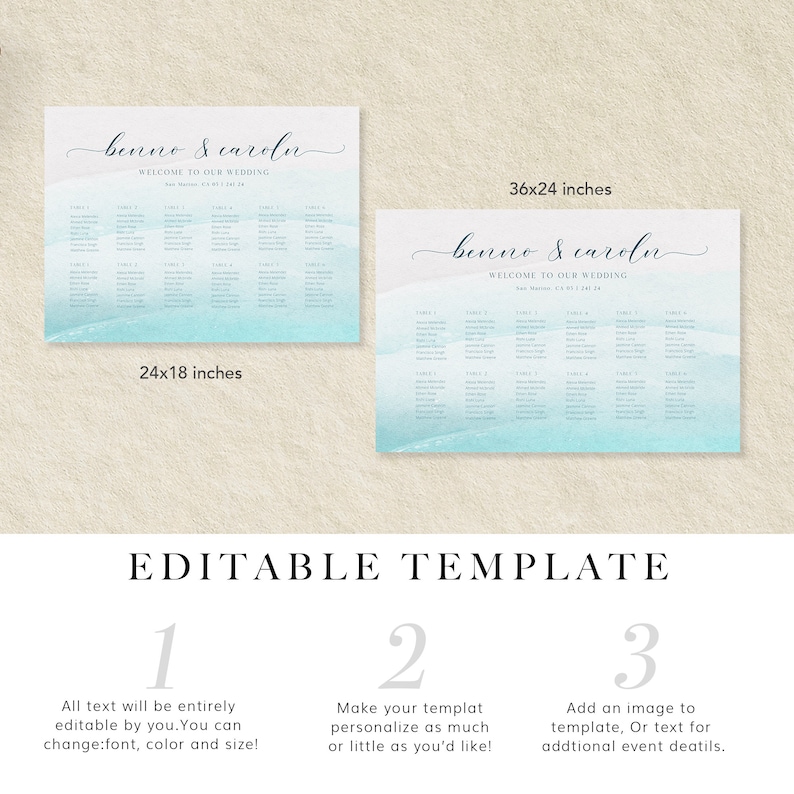 Ocean Beach Sand Wedding Seating Chart Template Summer Ocean - Etsy