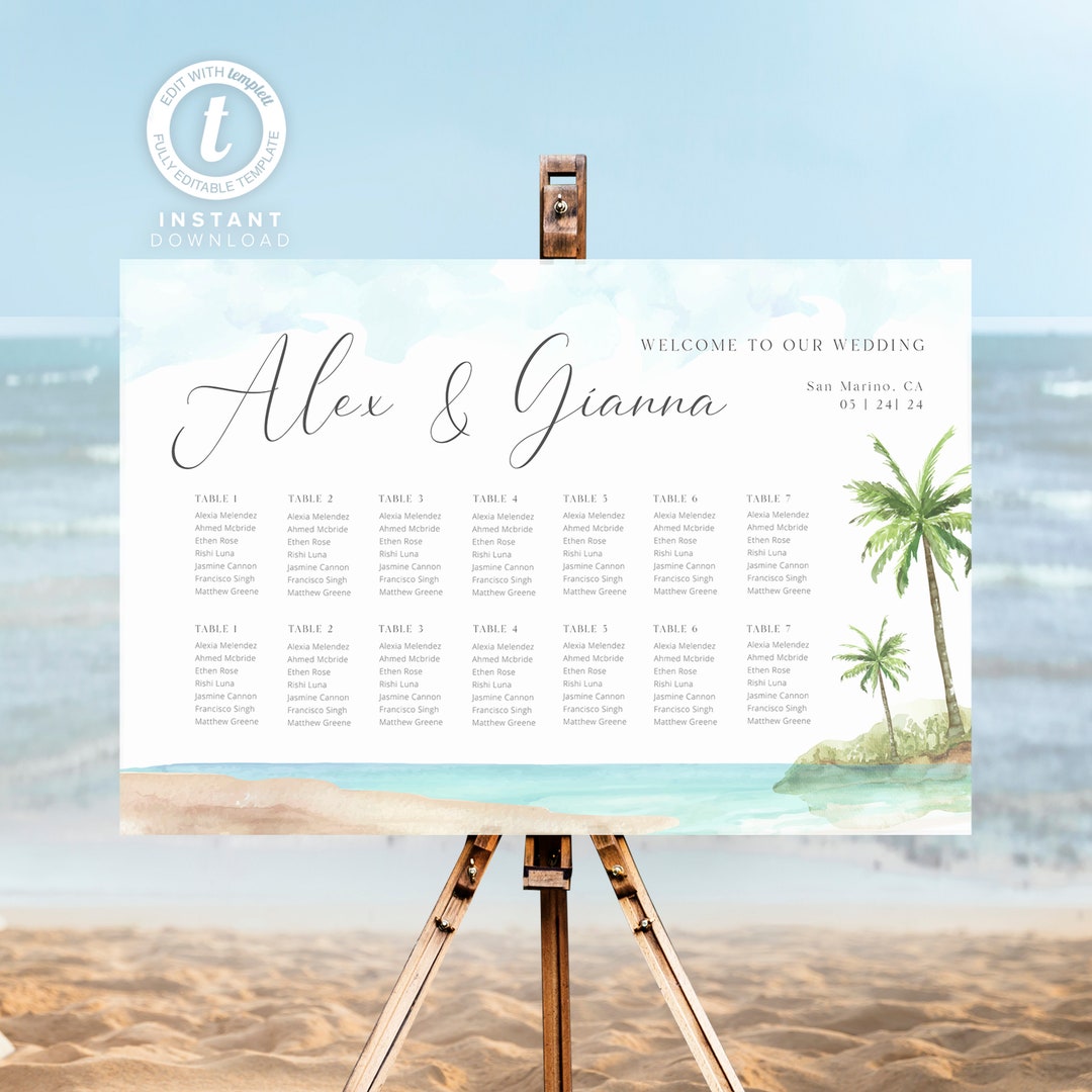 Summer Beach Wedding Seating Chart Template, Ocean Beach Seating Plan ...