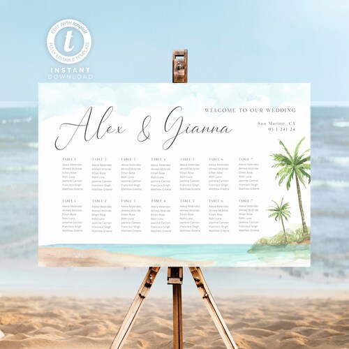 Summer Beach Sand Wedding Seating Chart Template Ocean Beach - Etsy