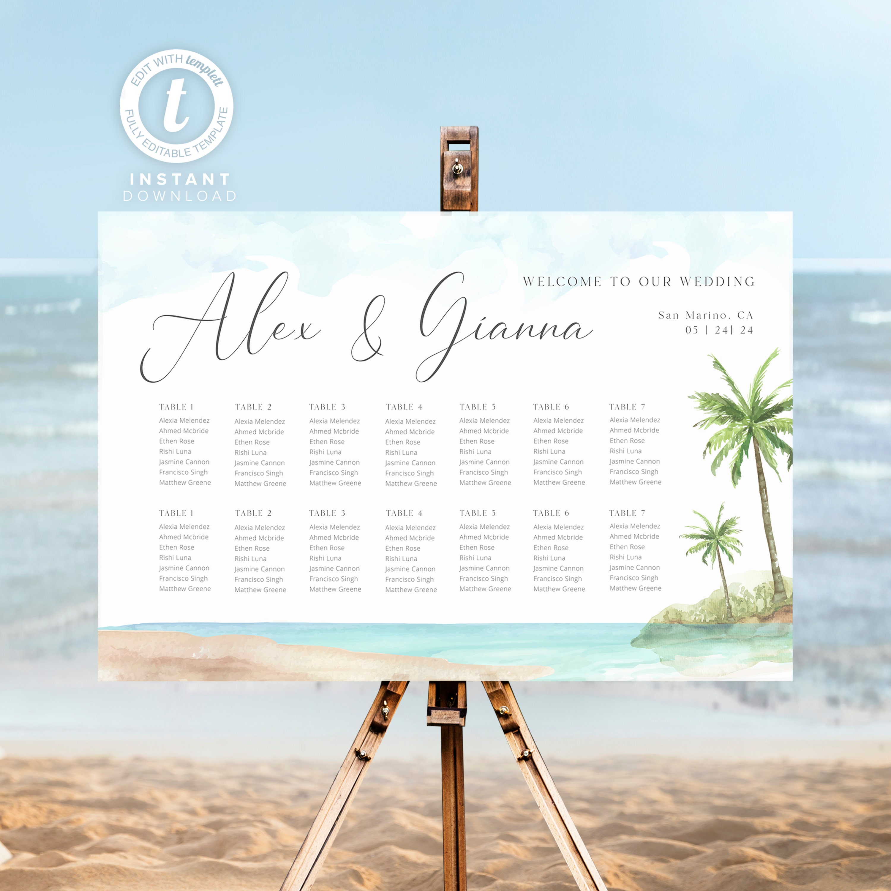 Summer Beach Wedding Seating Chart Template, Ocean Beach Seating Plan ...