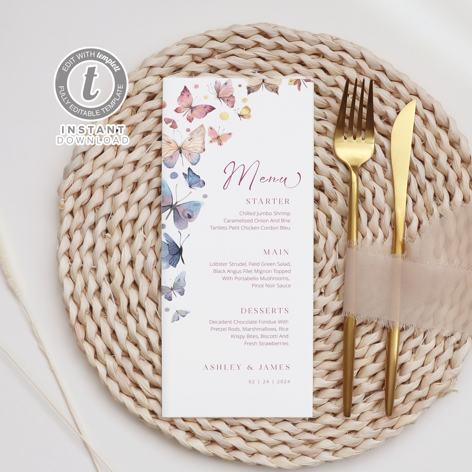Butterflies Menu Card Editable Party Table Menus Template,baby Shower ...