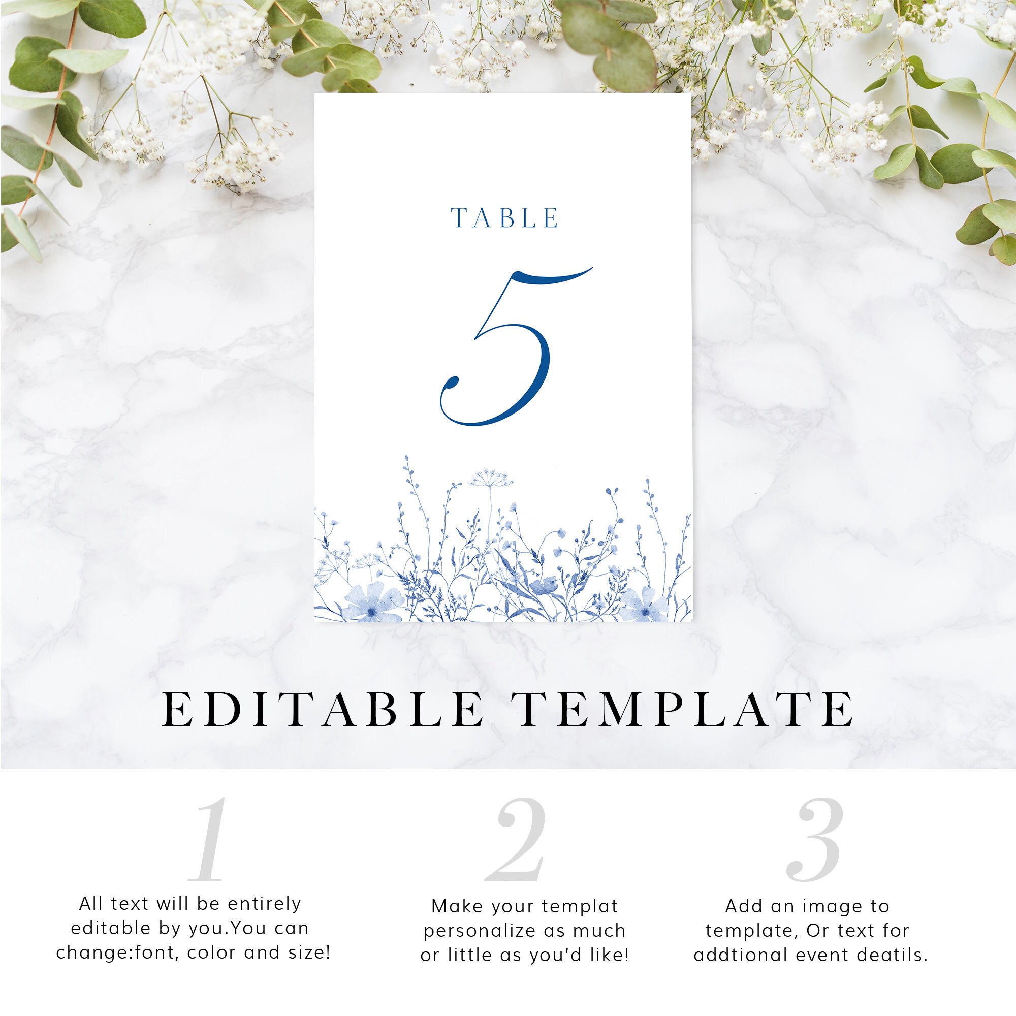 Dusty Blue Wildflower Table Numbers Template,editable Wedding Blue ...