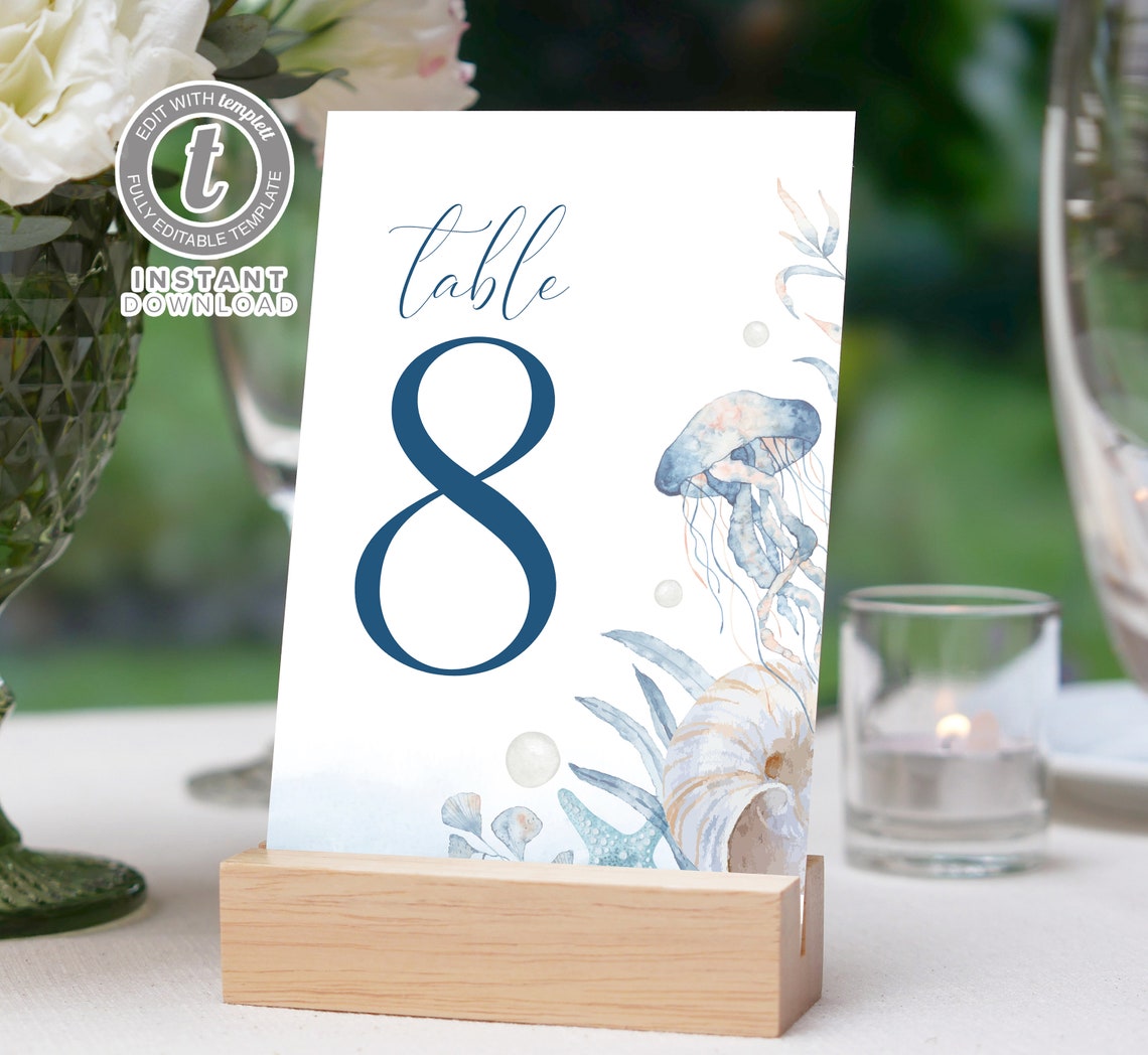 Blue Beach Ocean Themed Wedding Table Number Card Template, Editable ...