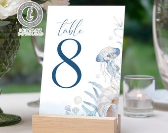 Beach Ocean Themed Wedding Table Number Card Template, Editable Palm ...