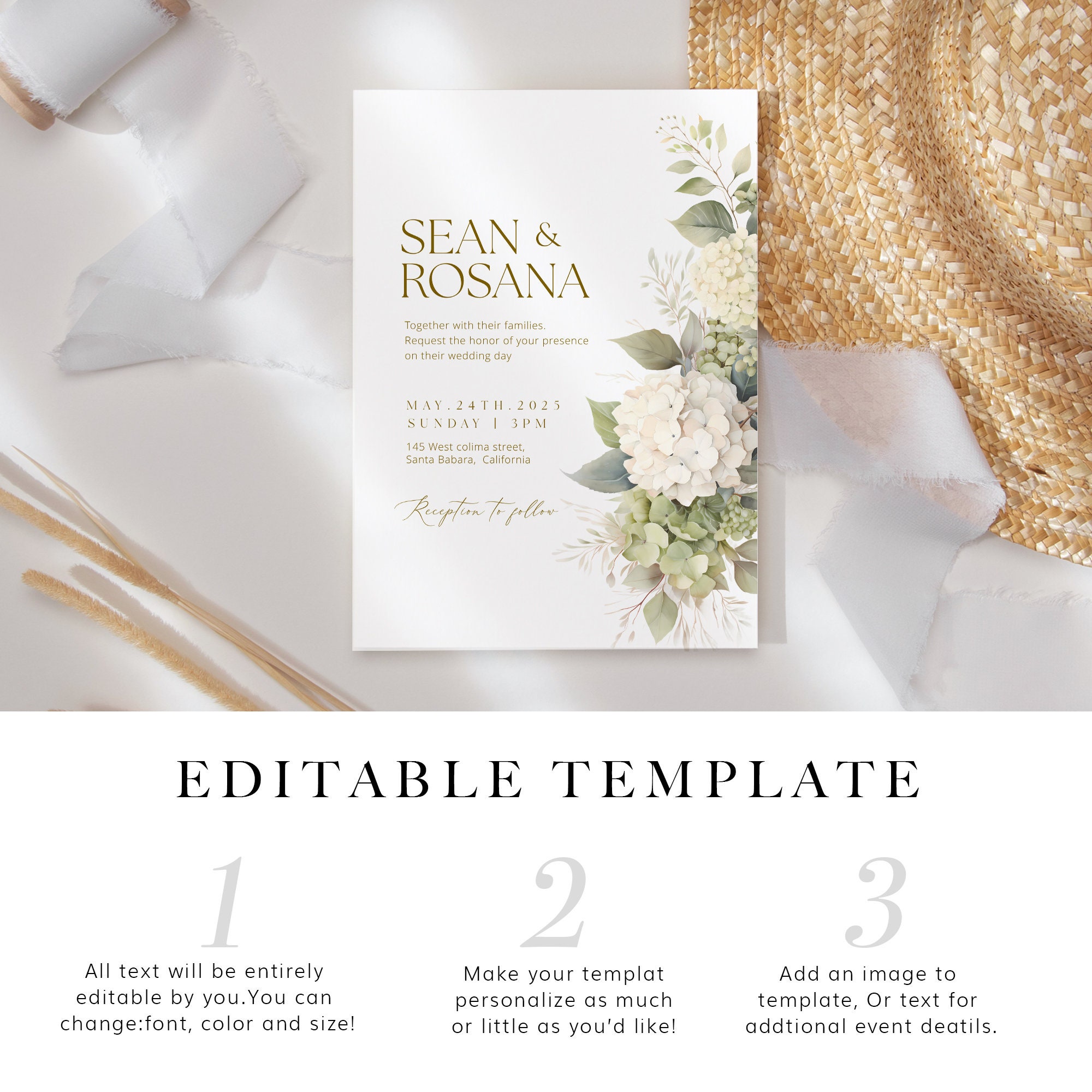 Hydrangea Wedding Invitation Set, White Hydrangea Wedding Invite, Ivory ...