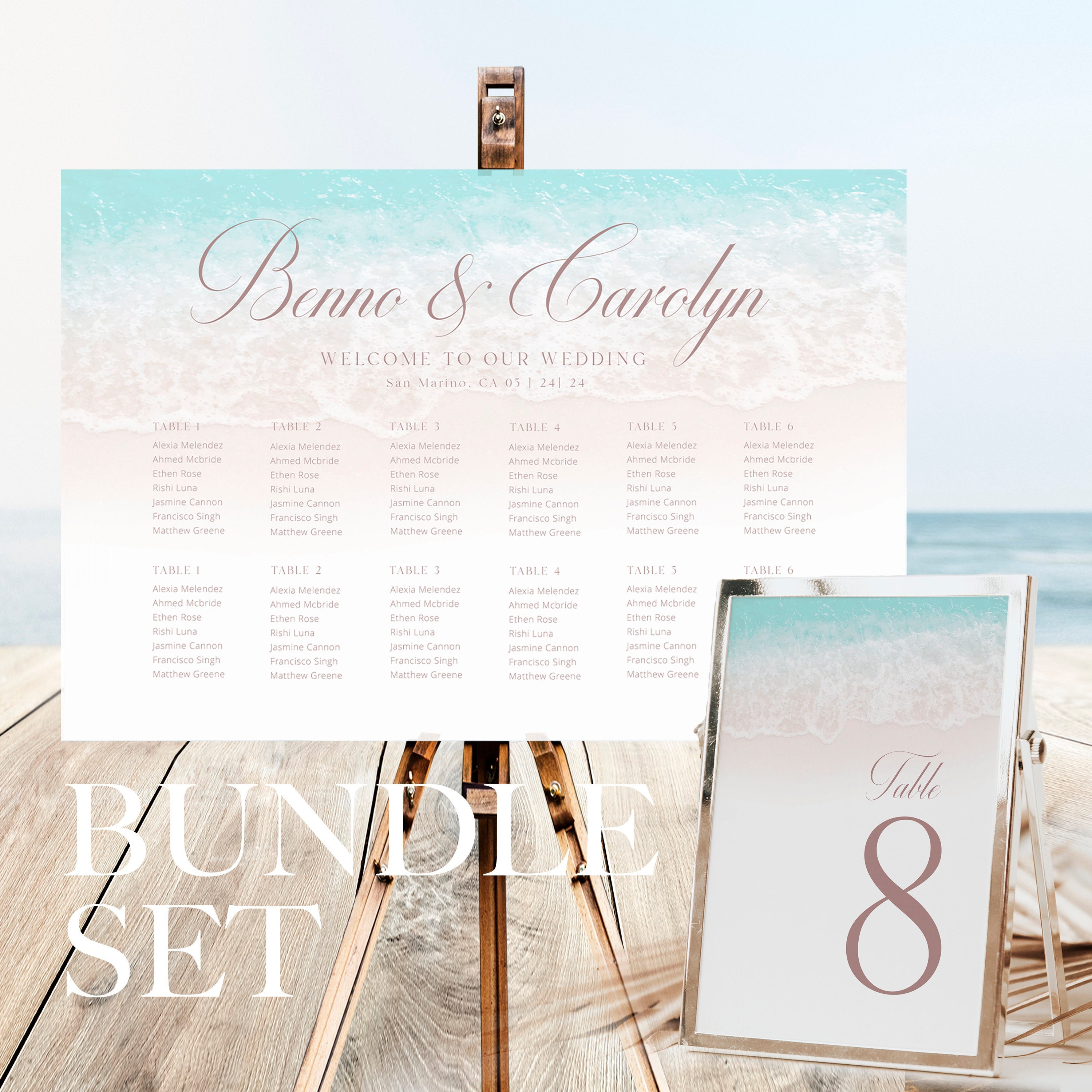 Summer Beach Sand Wedding Seating Chart & Table Card Template Bundle ...