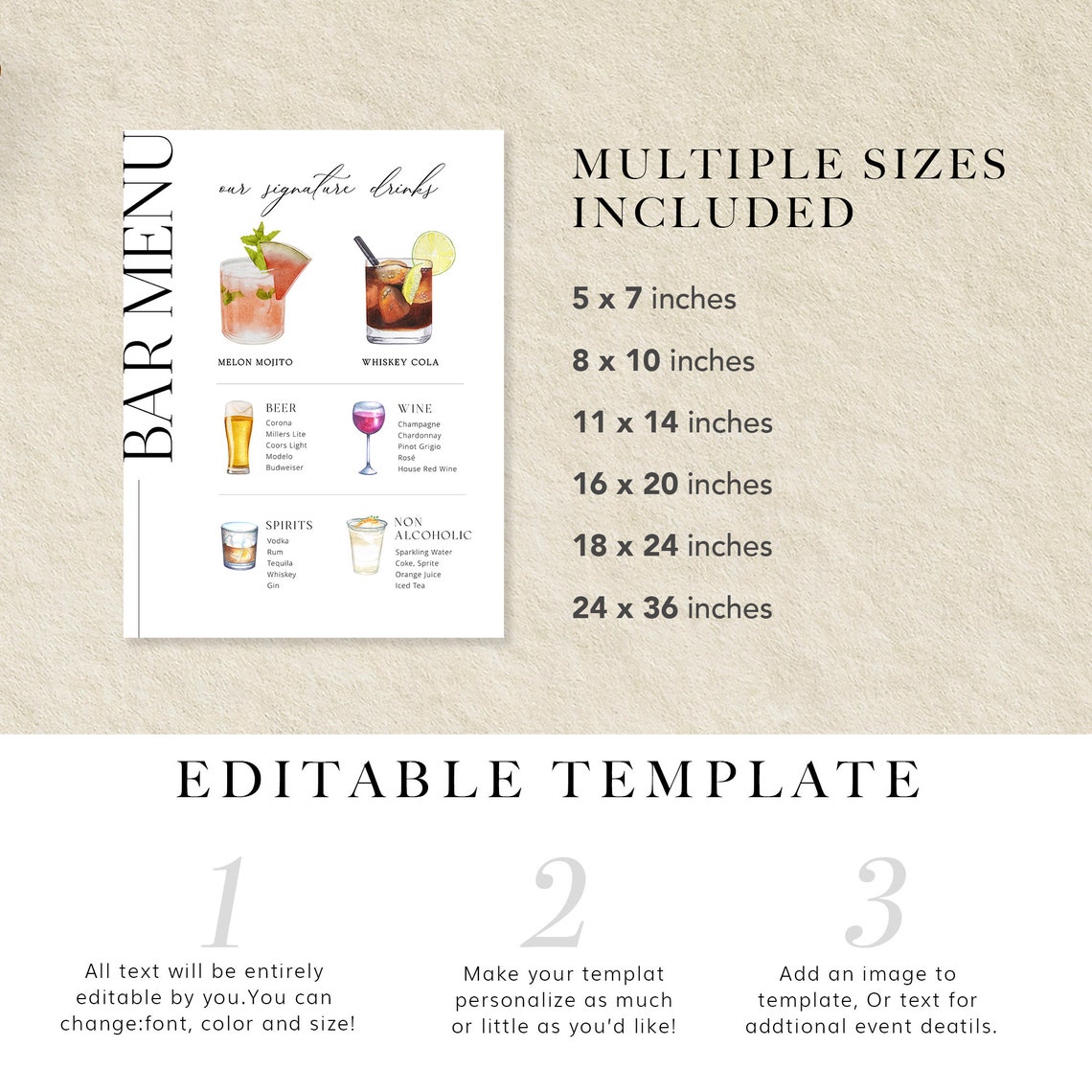 Editable Bar Menu Template, Editable Drink Menu Template, Minimalist ...