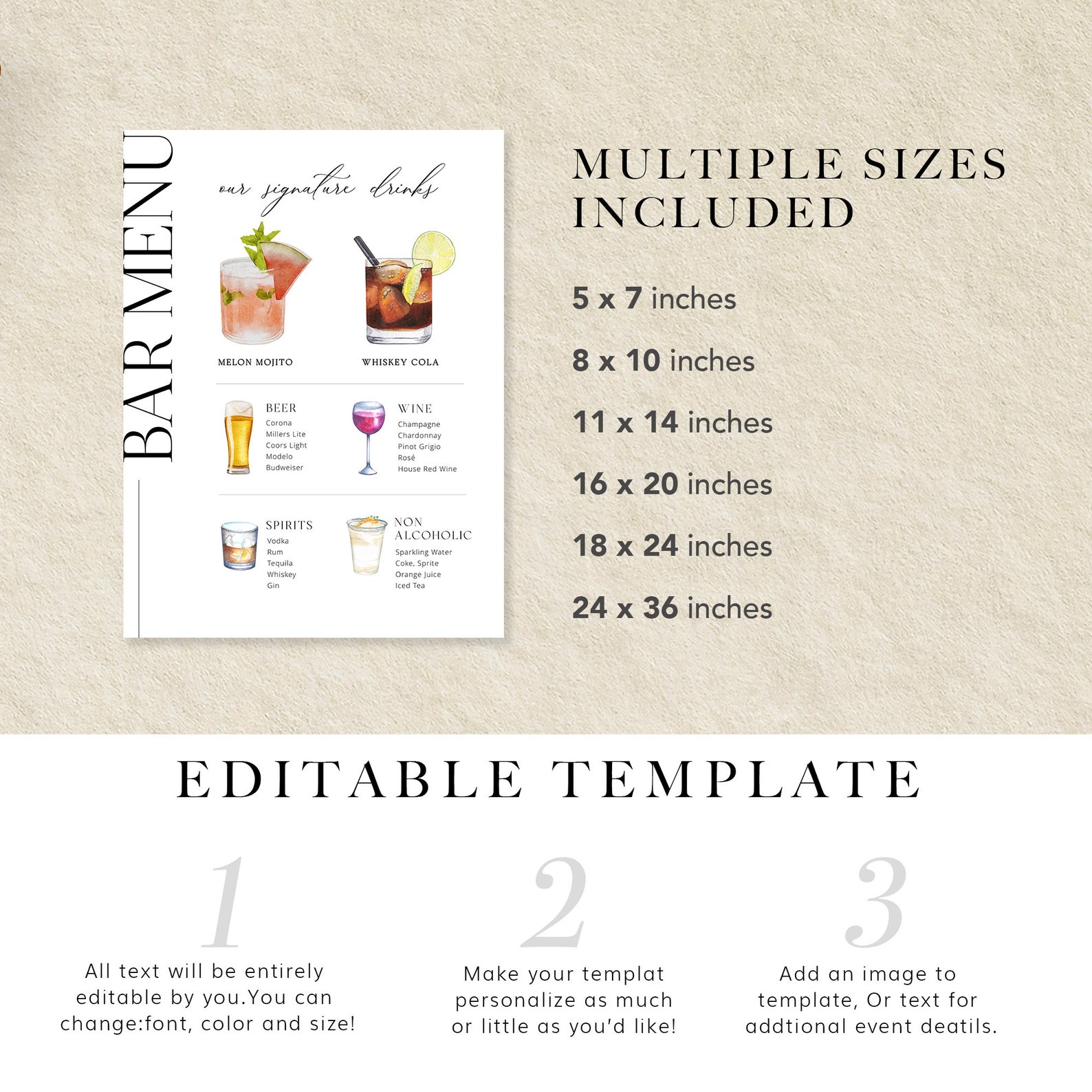Editable Bar Menu Template, Editable Drink Menu Template, Minimalist ...