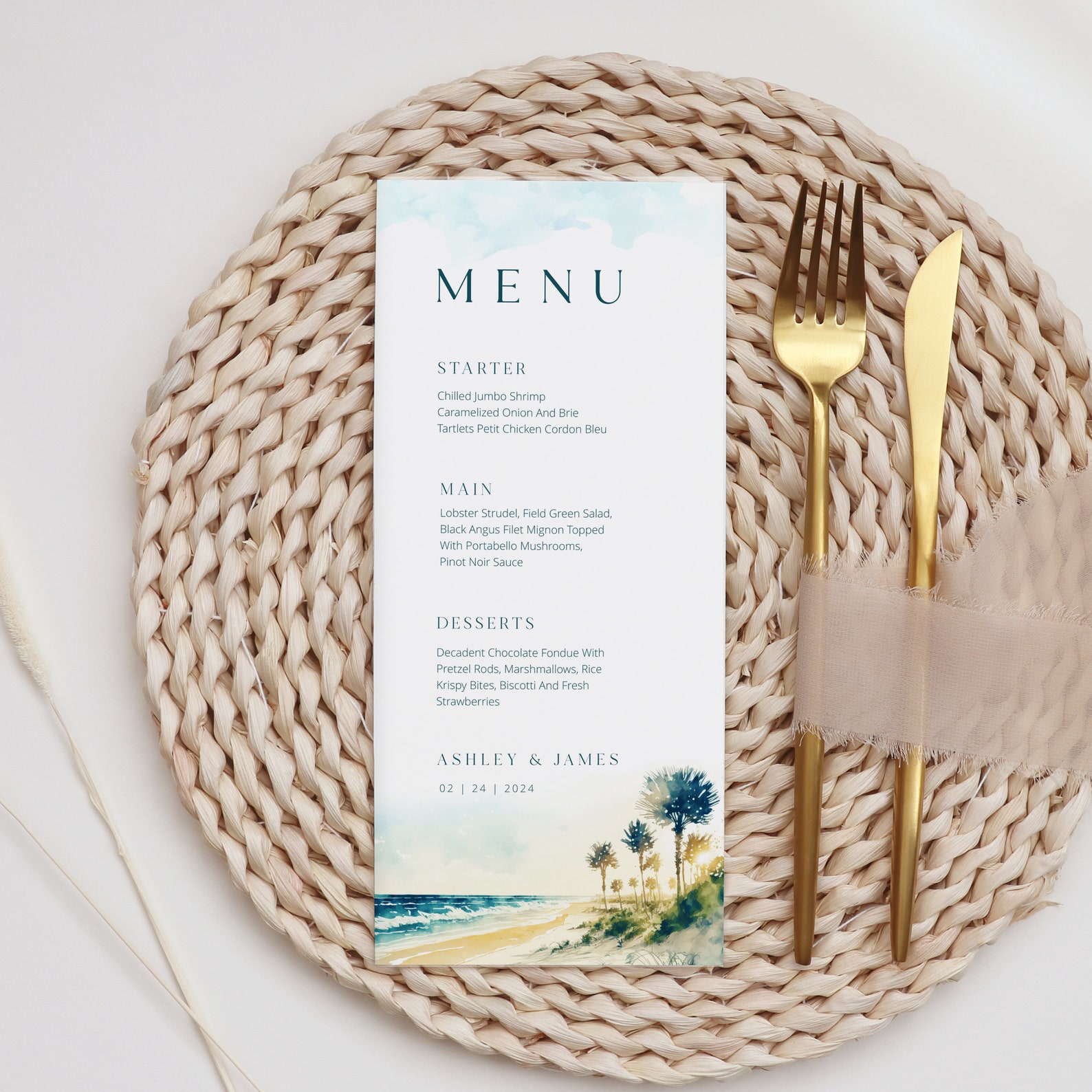 Palm Tree Ocean Beach Wedding Menu Template,beach Palm Tree Wedding ...