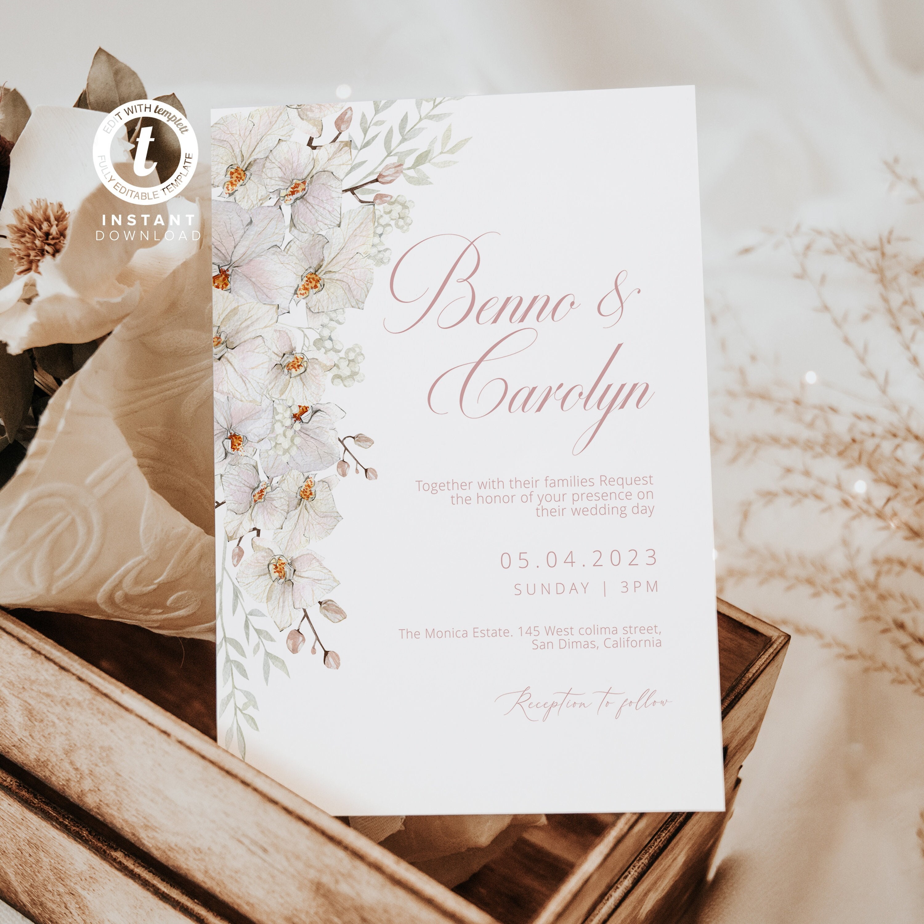 Editable Orchid Boho Wedding Invitation Set, Bohemian Wedding Shower ...