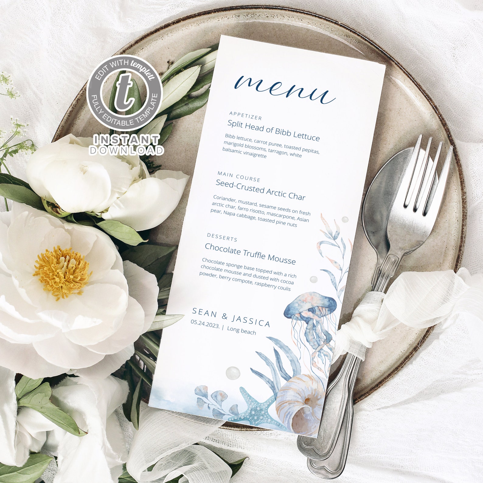 Blue Ocean Wedding Menu Template,instant Download,beach Themed Menu ...