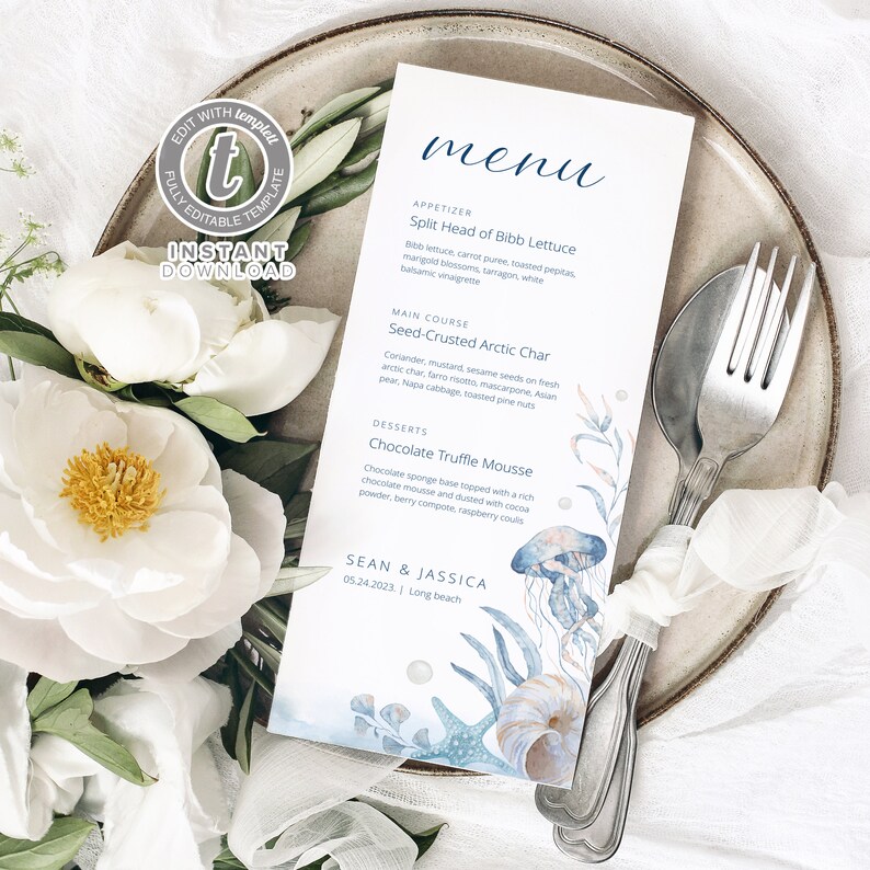Blue Ocean Wedding Menu Template,instant Download,beach Themed Menu ...
