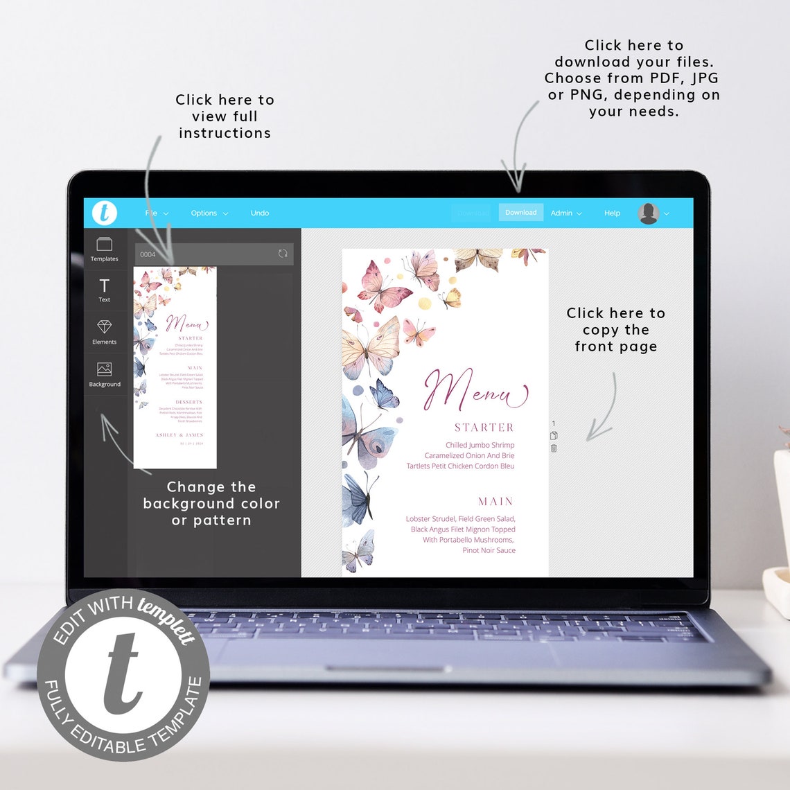 Butterflies Menu Card Editable Party Table Menus Templatebaby - Etsy