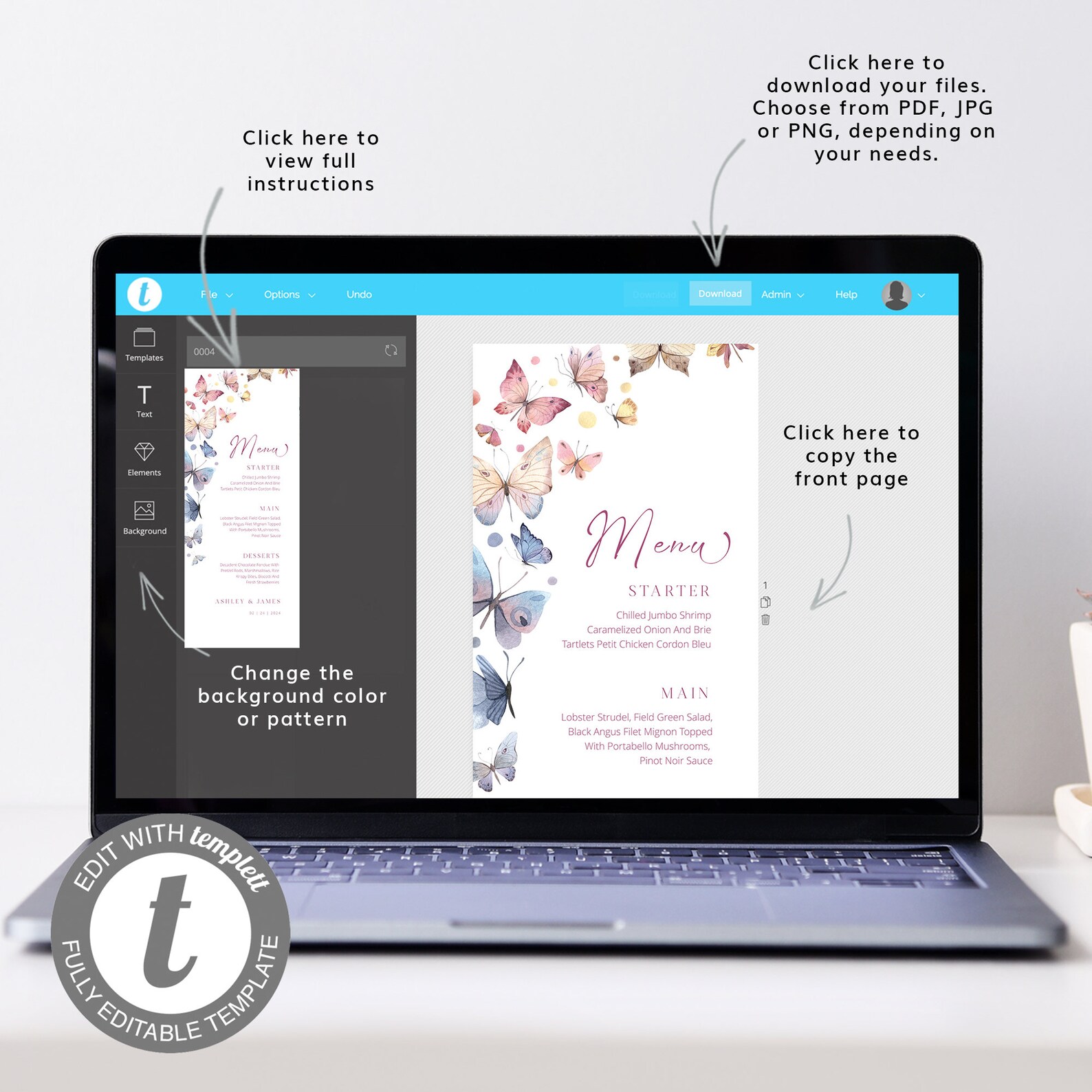 Butterflies Menu Card Editable Party Table Menus Template,baby Shower ...