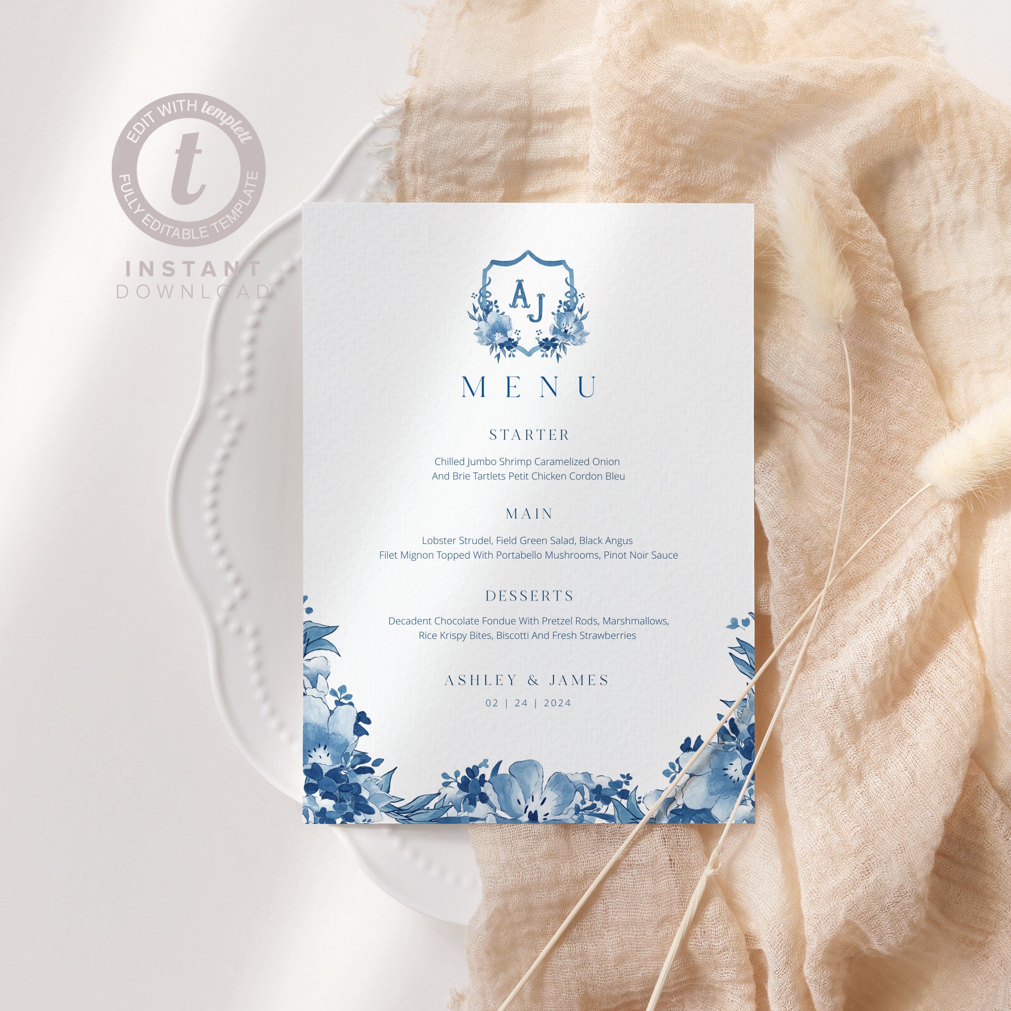 Dusty Blue Wedding Menu Template, Blue Monogram Floral Crest Menu ...