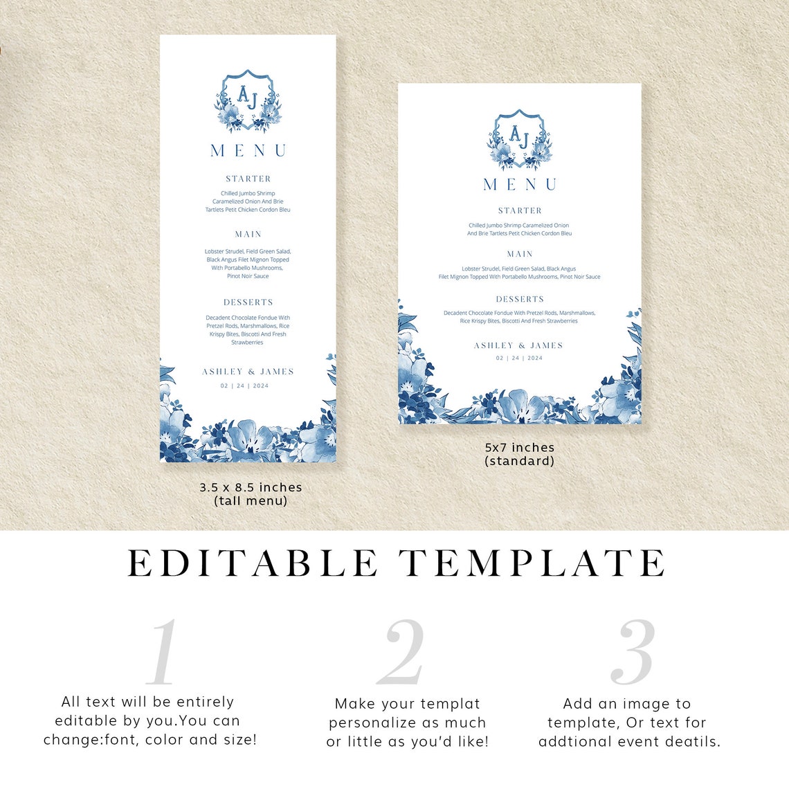 Dusty Blue Wedding Menu Template, Blue Monogram Floral Crest Menu ...