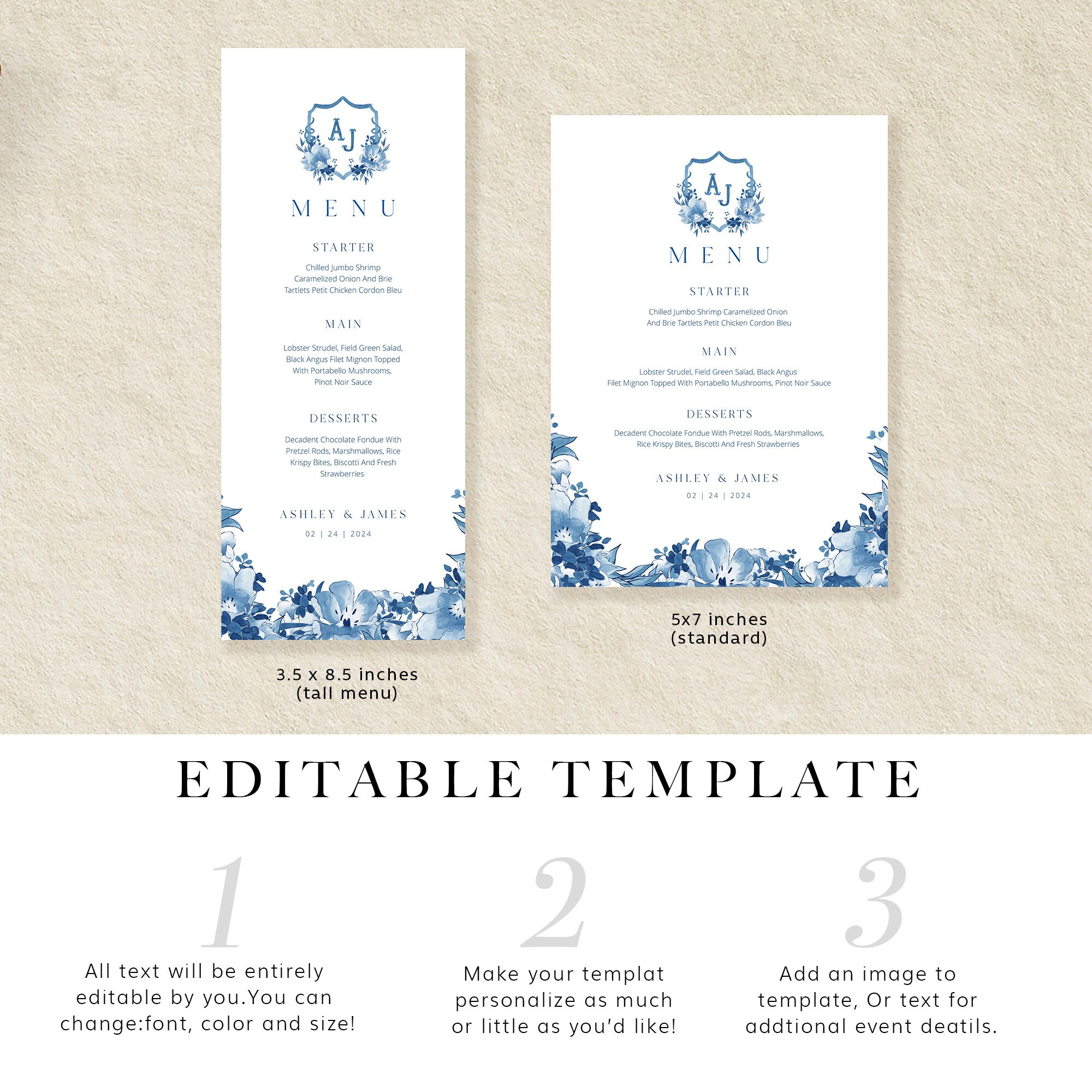 Dusty Blue Wedding Menu Template, Blue Monogram Floral Crest Menu ...