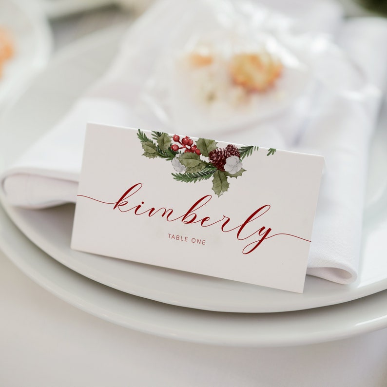 Christmas Place Card Template, Holiday Seating Card, Winter Wedding ...