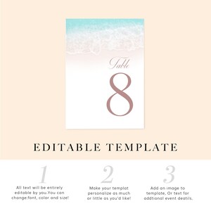 Beach Themed Wedding Table Number Card Template, Editable Printable ...