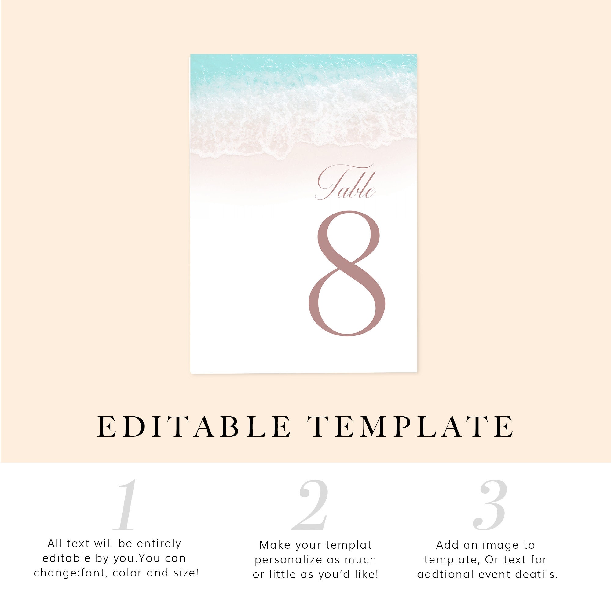 Beach Themed Wedding Table Number Card Template, Editable Printable ...