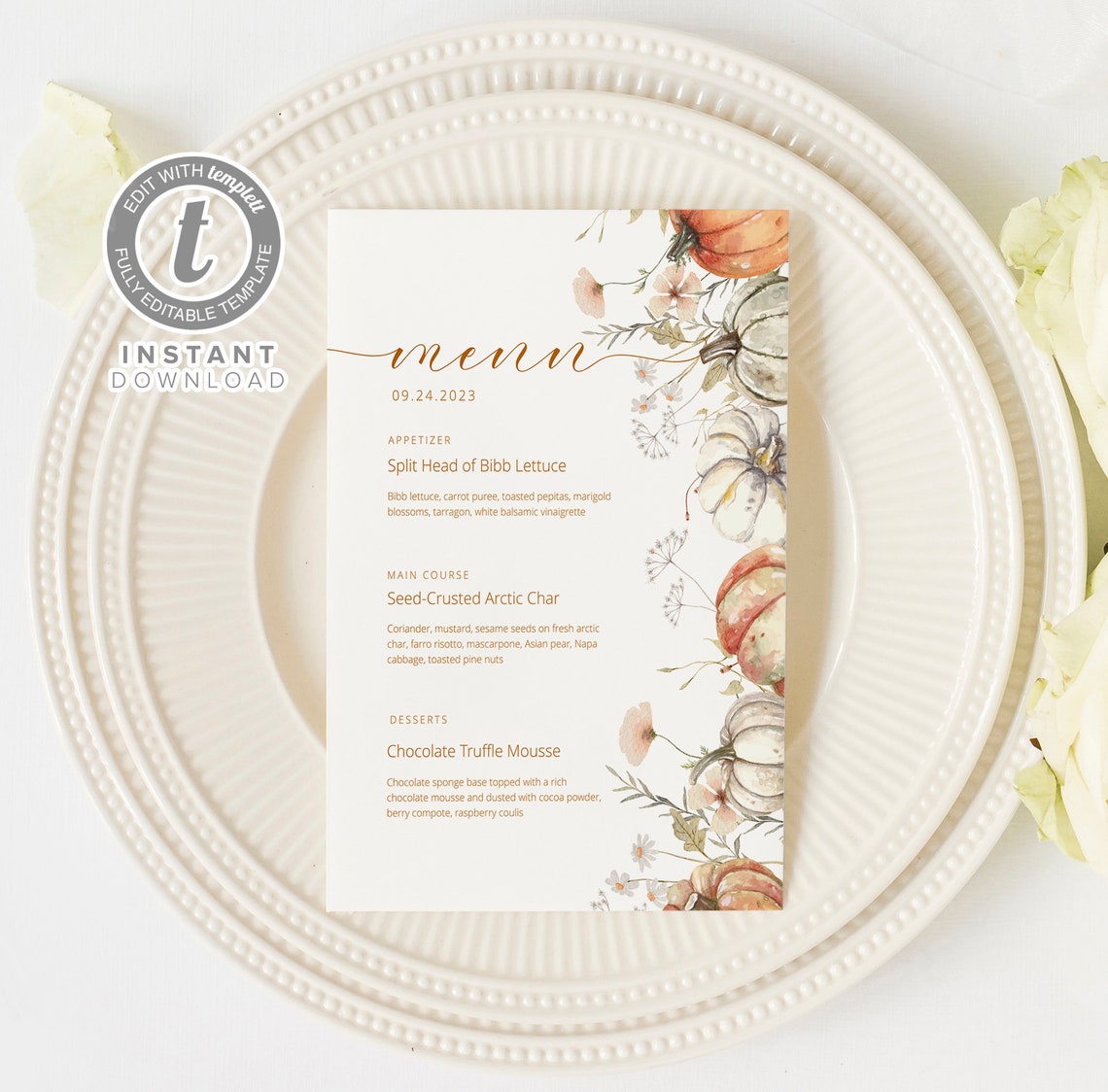 Fall Floral Pumpkin Menu Template , Party Brunch, Dinner, Autumn ...