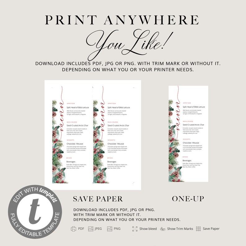 Christmas Menu Template, Winter Wedding Menu, Editable Christmas Menu ...