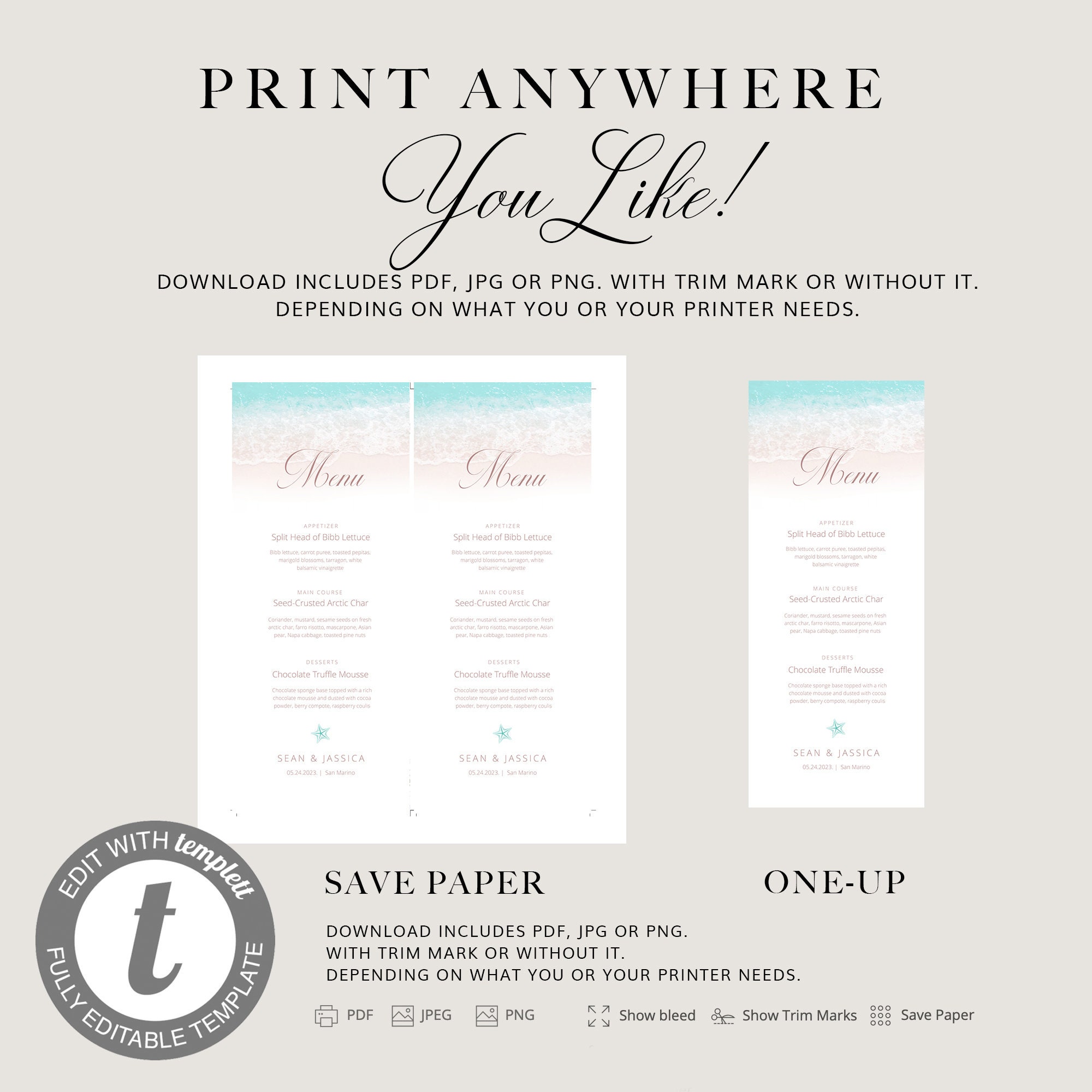 Beach Wedding Menu Template,instant Download,beach Themed Menu Template ...