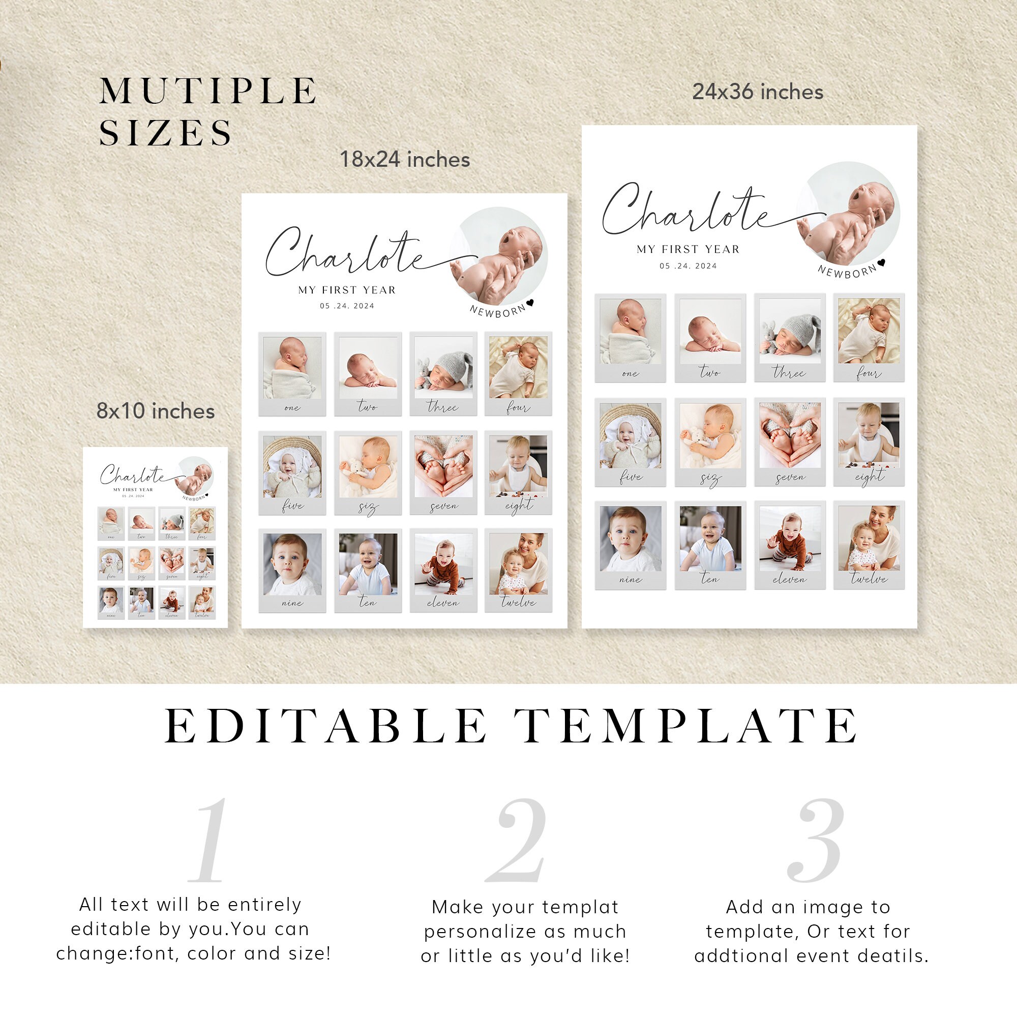 Printable One Year of Baby Photo Template | Editable First Birthday ...