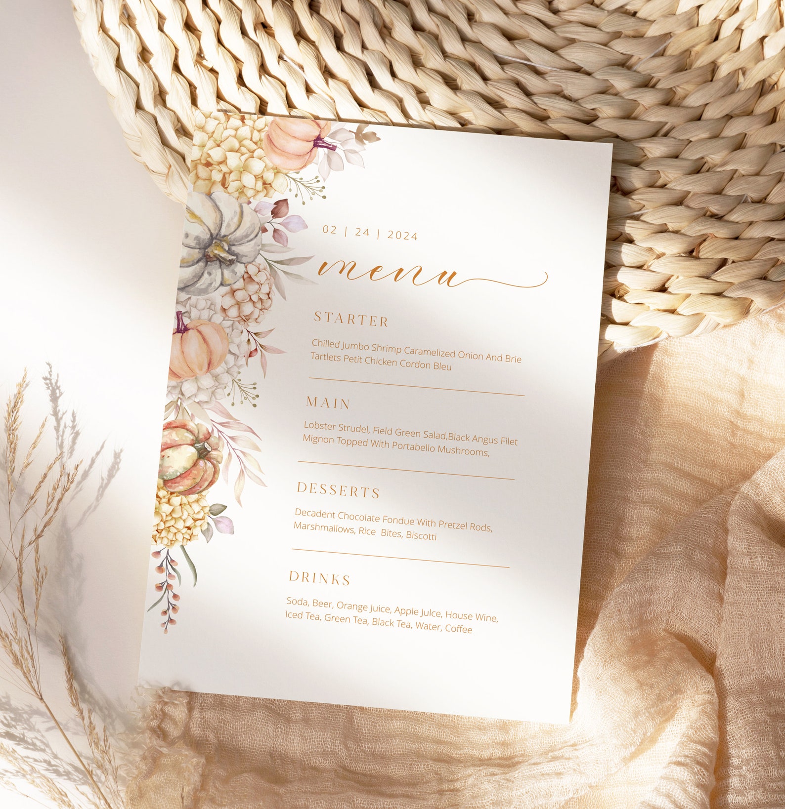 Floral Pumpkin Menu Template , Fall Party Brunch & Dinner, Fall Wedding ...