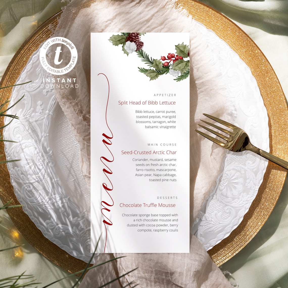 Editable Christmas Menu Template, Christmas Wreath Menu, Printable ...