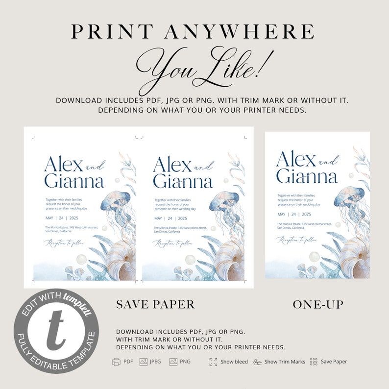 Ocean Blue Themed Wedding Invitation Set Template Editable - Etsy