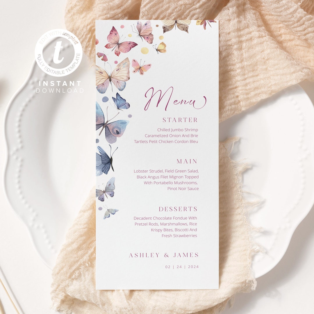 Butterflies Menu Card Editable Party Table Menus Template,baby Shower ...