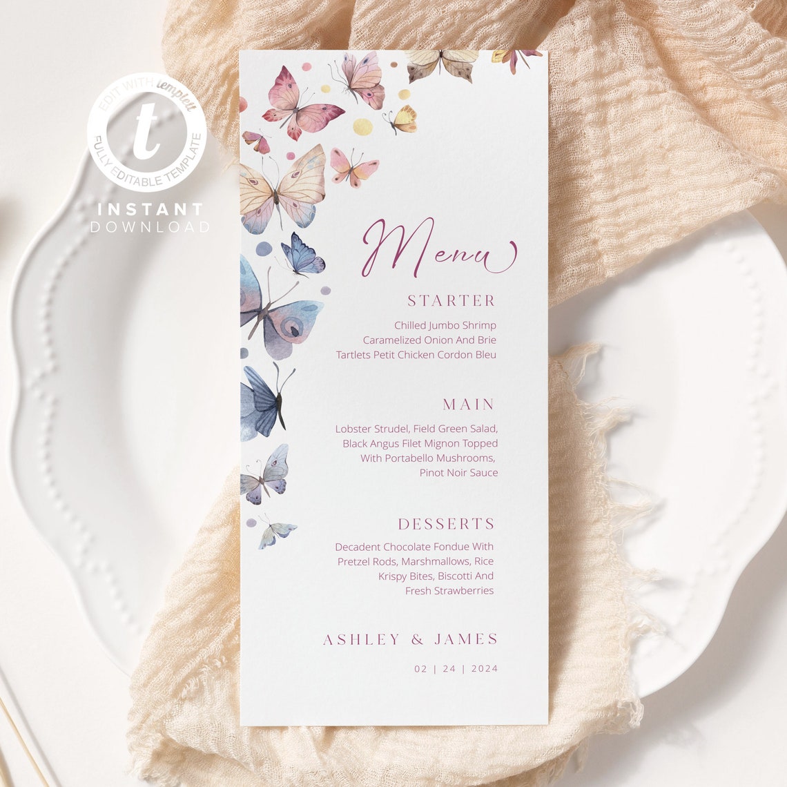 Butterflies Menu Card Editable Party Table Menus Template,baby Shower ...