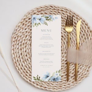 Dusty Blue Floral Wedding Menu Template, Blue Boho Flower Menu ...