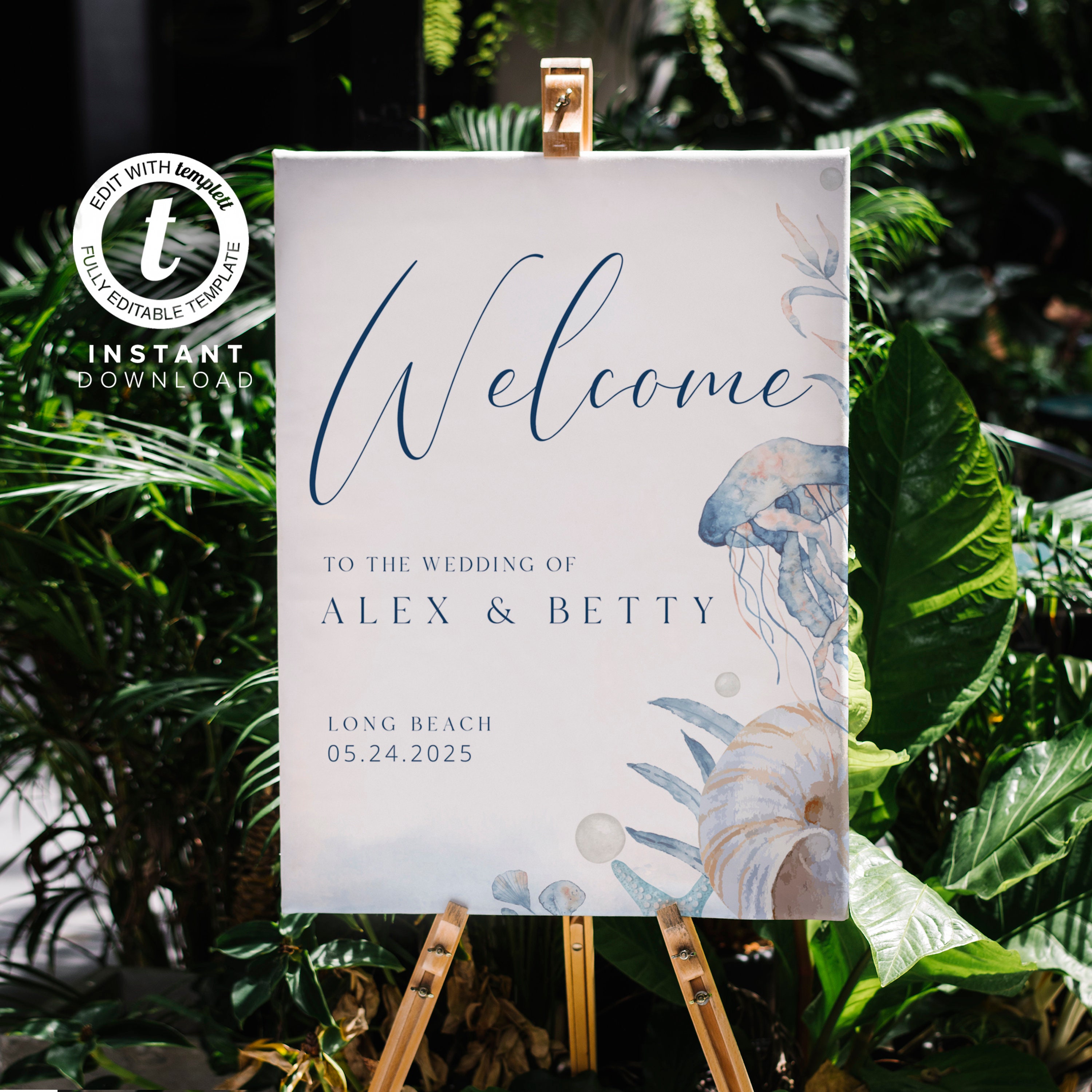 Blue Beach Ocean Wedding Welcome Sign Template, Summer Ocean Wedding ...