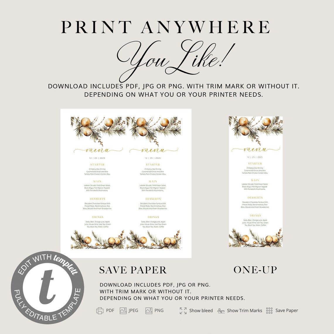 Editable Christmas Menu Template, Christmas Ornaments Menu, Printable ...