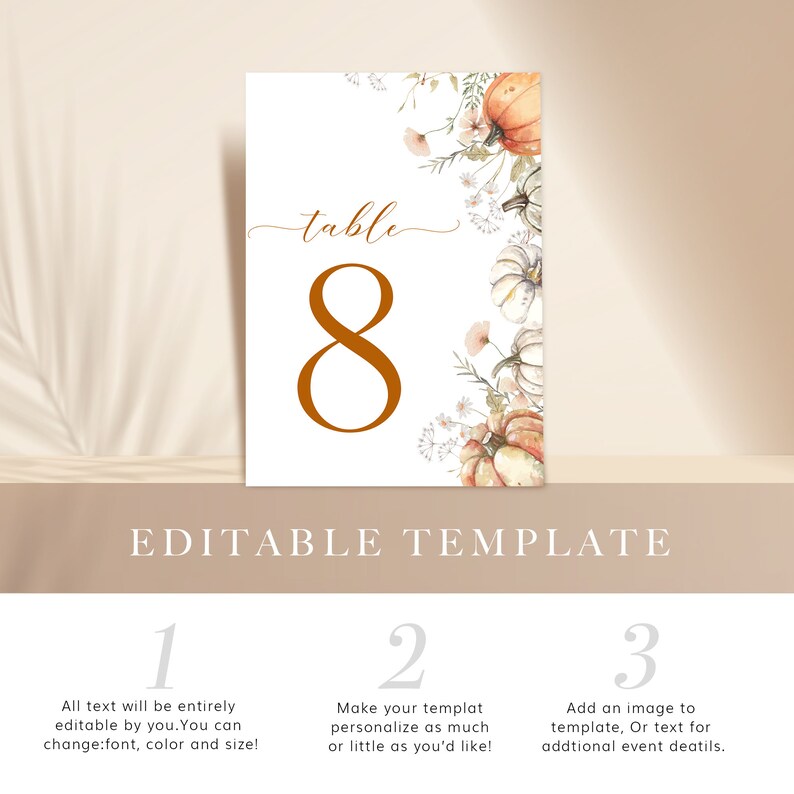 Fall Wildflower Pumpkin Wedding Table Number Template, Editable Number ...
