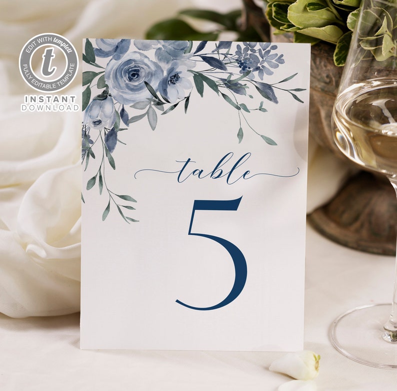 Dusty Blue Wedding Table Numbers Template, Editable Blue Table Numbers ...