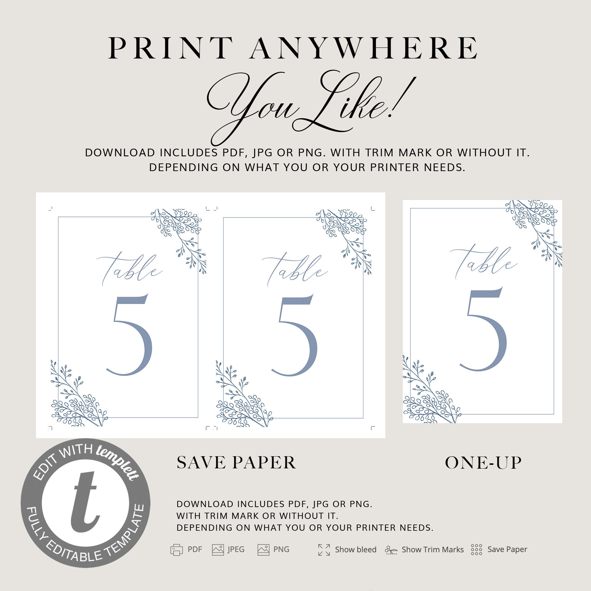 Dusty Blue Floral Wedding Table Number Card Template, Seating Card,blue ...