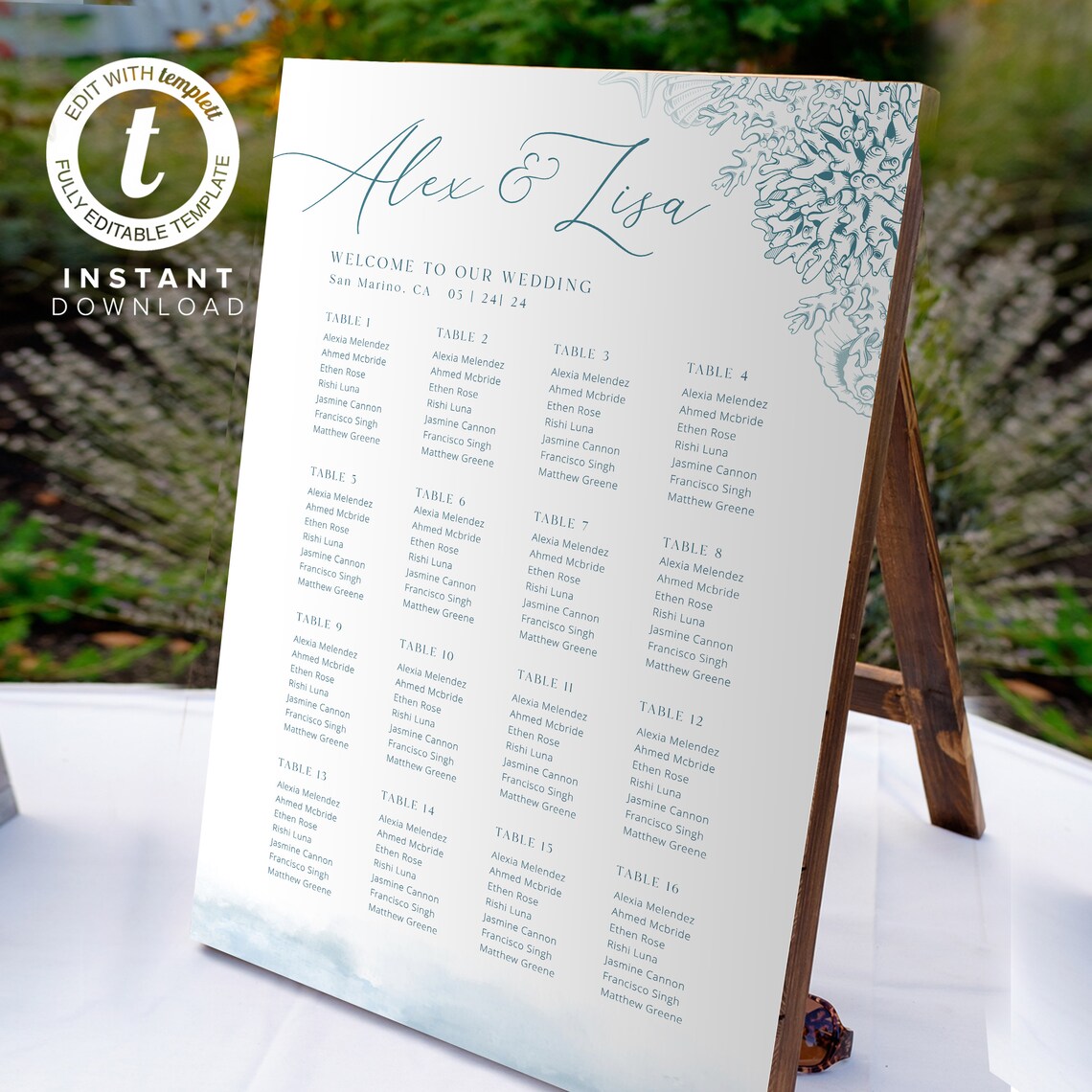 Blue Ocean Wedding Seating Chart Template, Summer Beach Seating Plan ...