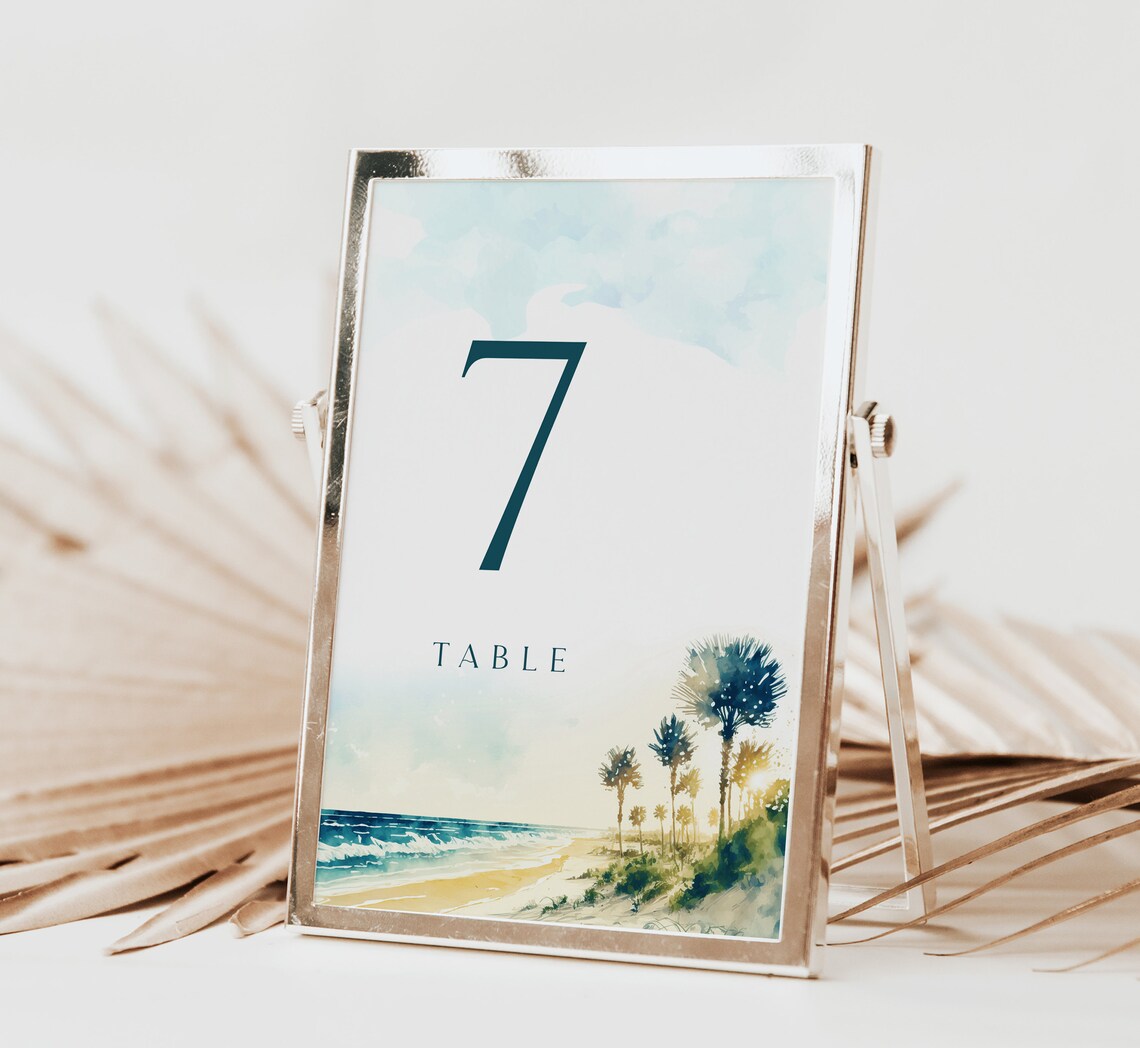 Beach Ocean Themed Wedding Table Number Card Template, Editable Palm ...
