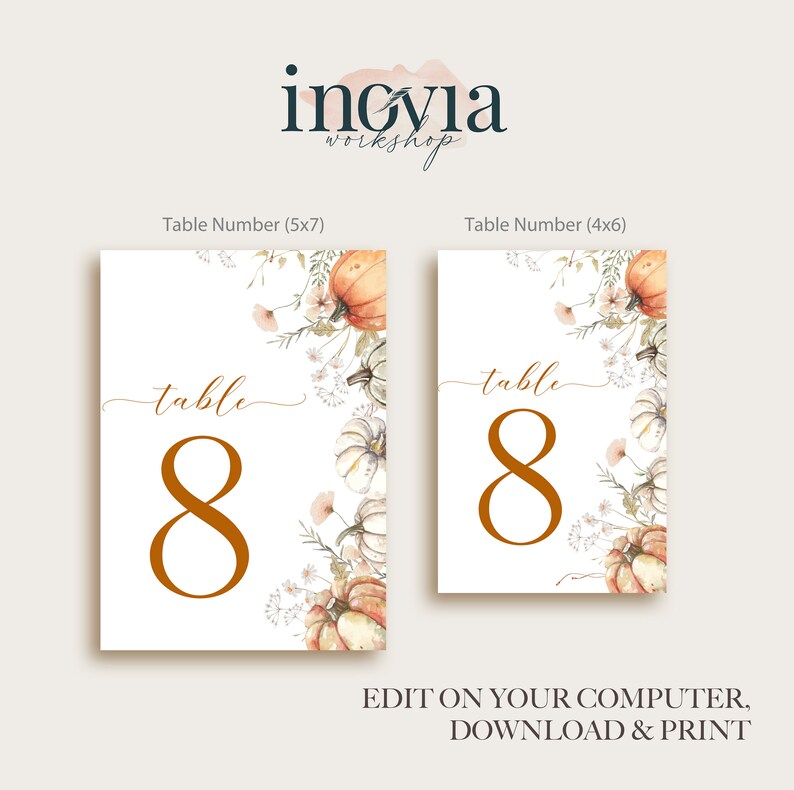 Fall Wildflower Pumpkin Wedding Table Number Template, Editable Number ...