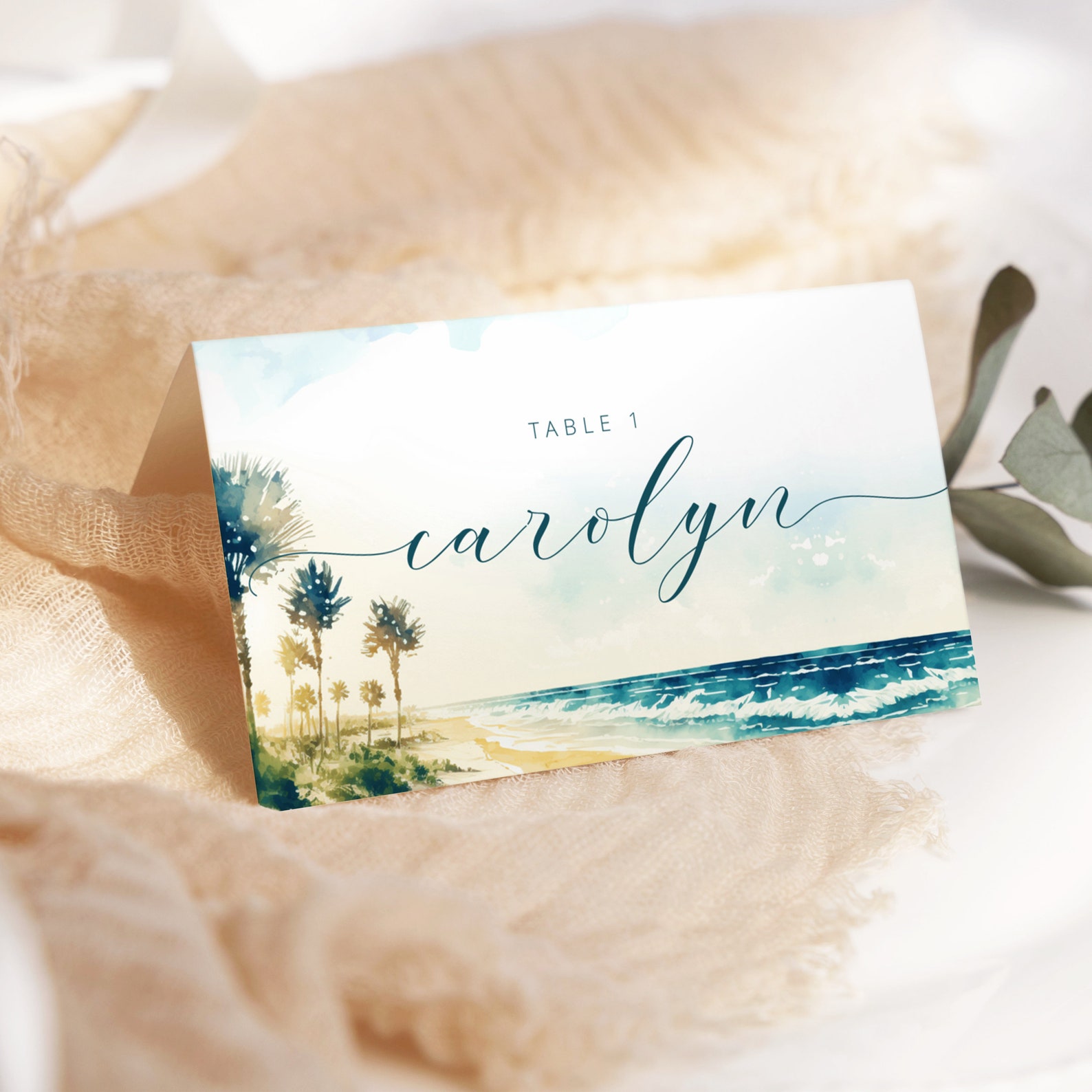 Ocean Beach Wedding Place Card Template,summer Coastal Beach Card ...