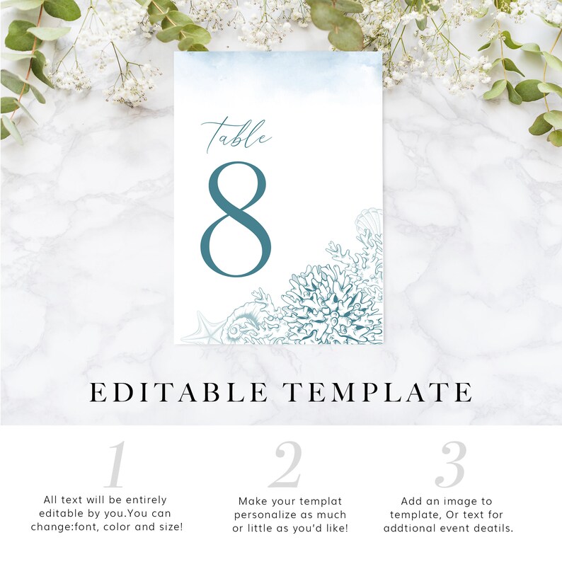 Blue Ocean Wedding Table Number Card Template, Editable Coastal ...