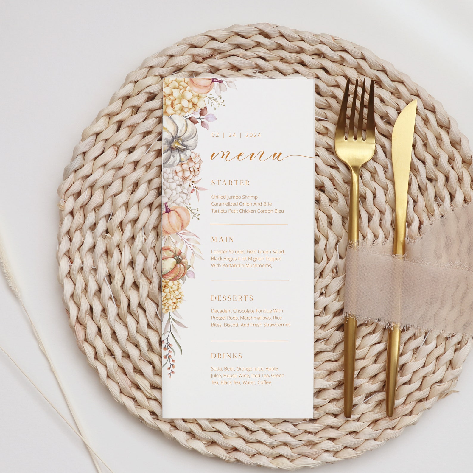Floral Pumpkin Menu Template: Fall Wedding, Thanksgiving (digital ...