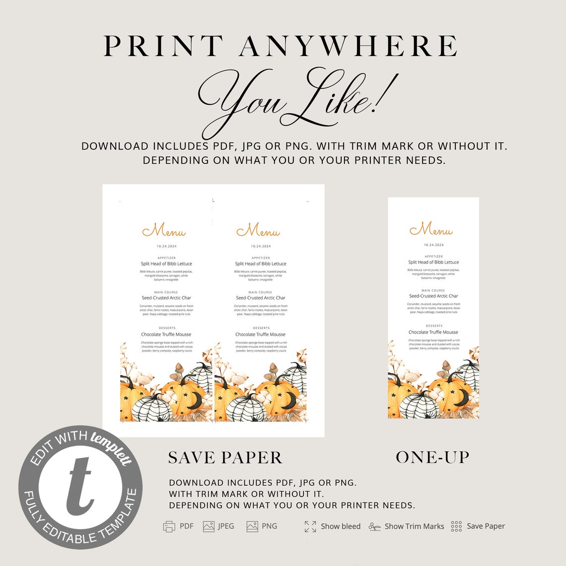 Fall Pumpkin Menu Template , Party Brunch, Dinner,halloween Pumpkin ...