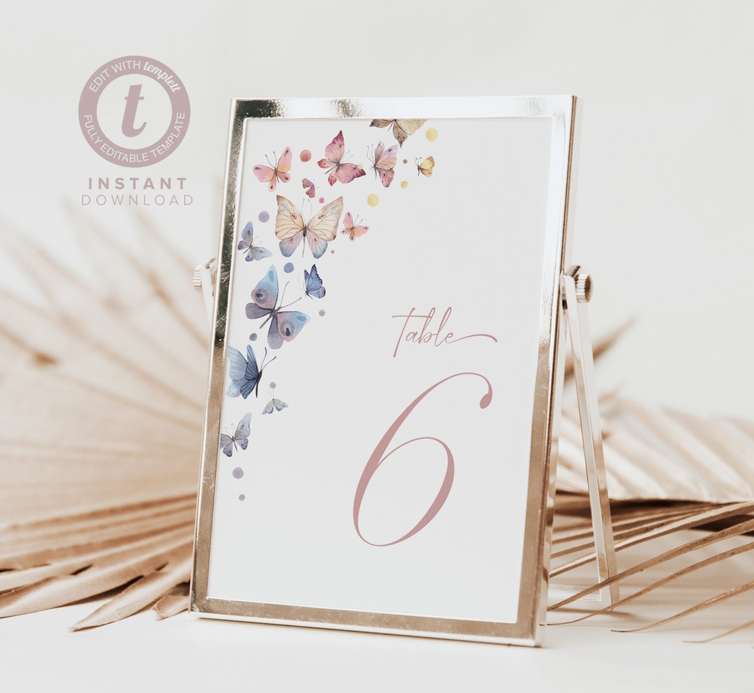 Butterfly Table Number Card Template: Elegant Wedding Decor (digital ...
