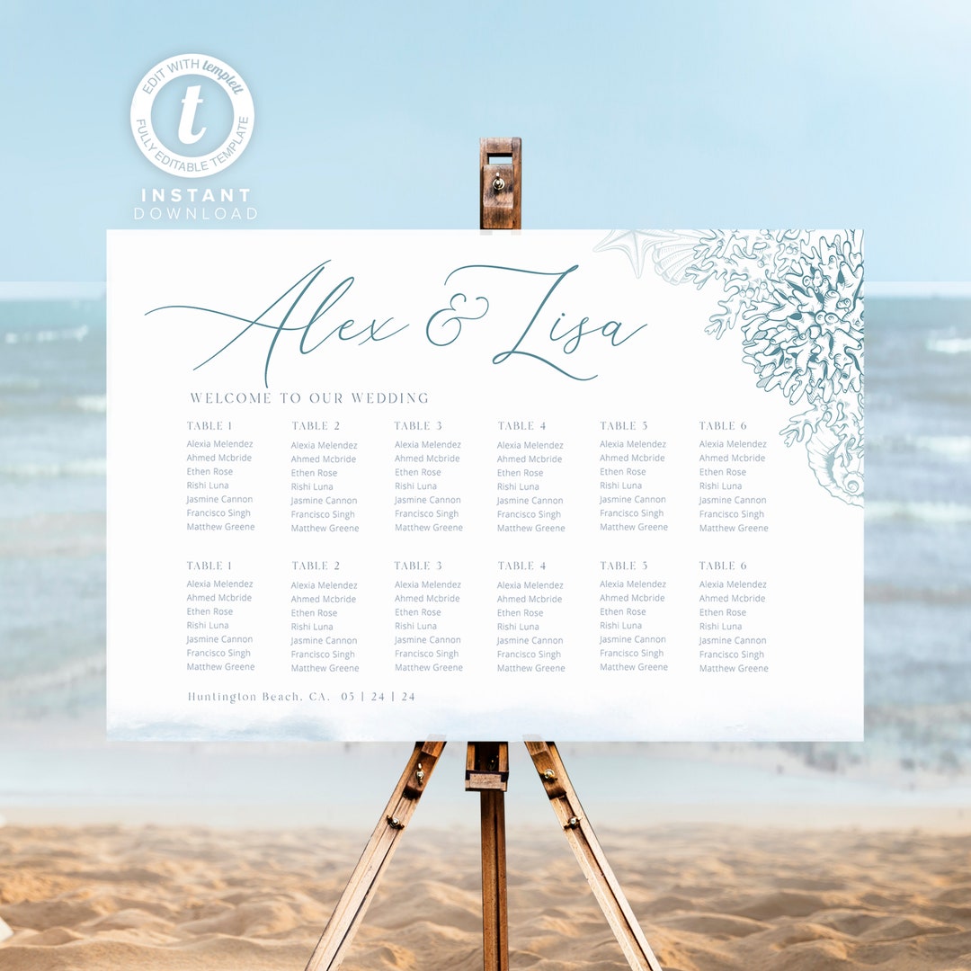 Blue Ocean Wedding Seating Chart Template, Summer Beach Seating Plan ...
