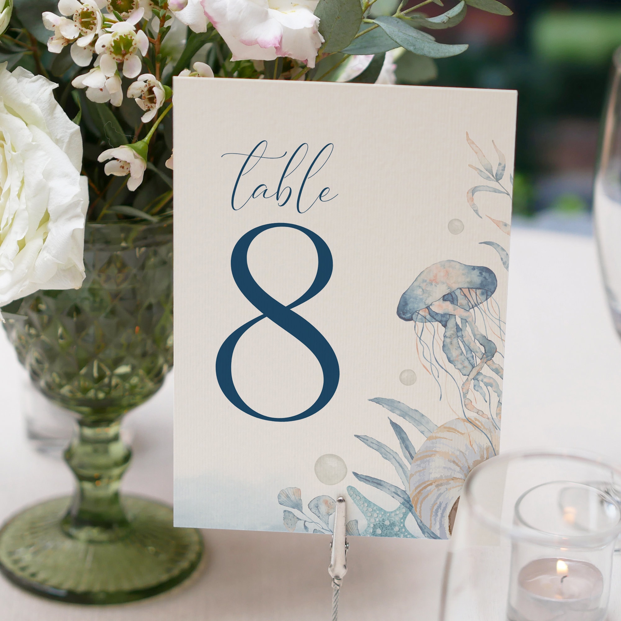 Blue Beach Ocean Themed Wedding Table Number Card Template, Editable ...
