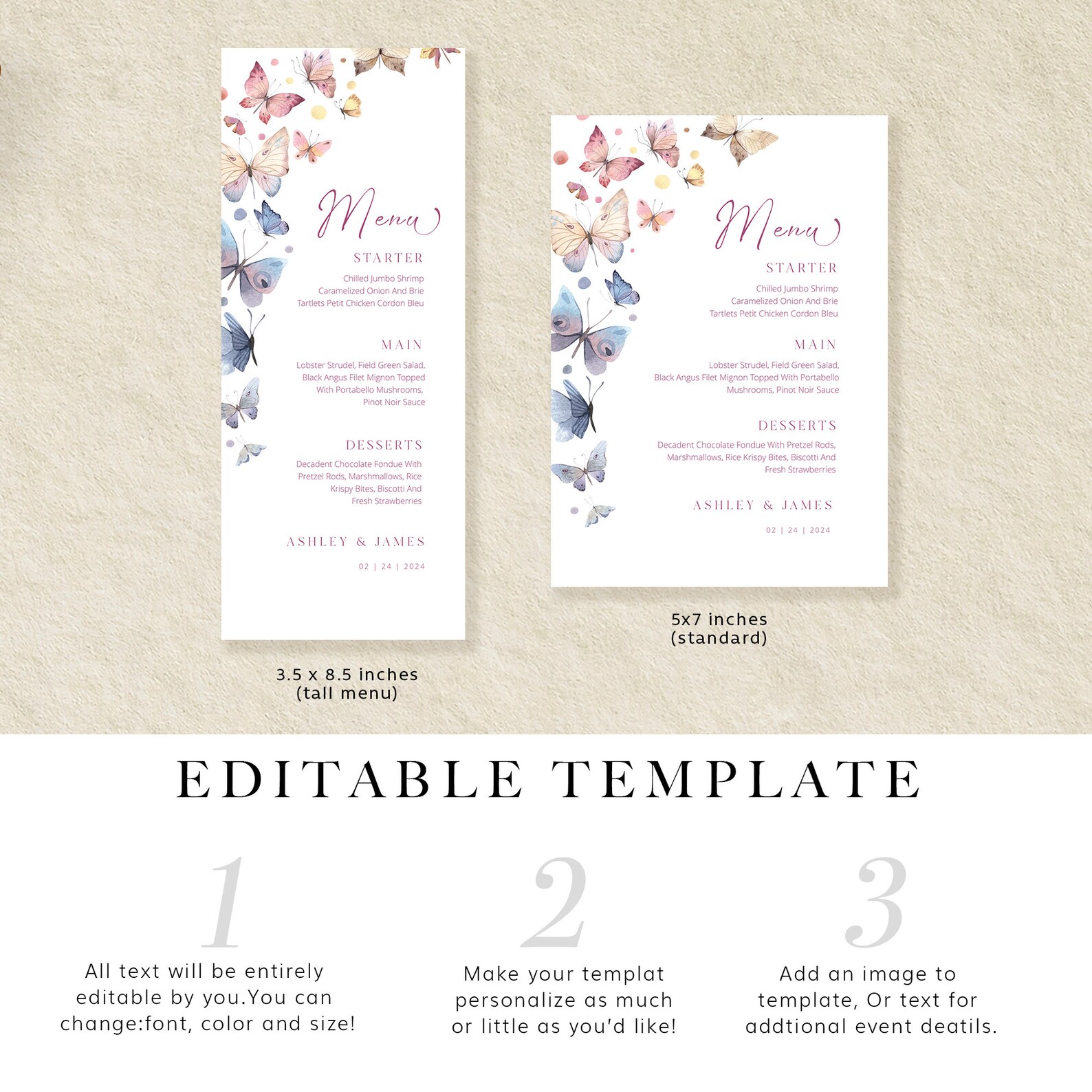 Butterflies Menu Card Editable Party Table Menus Template,baby Shower ...